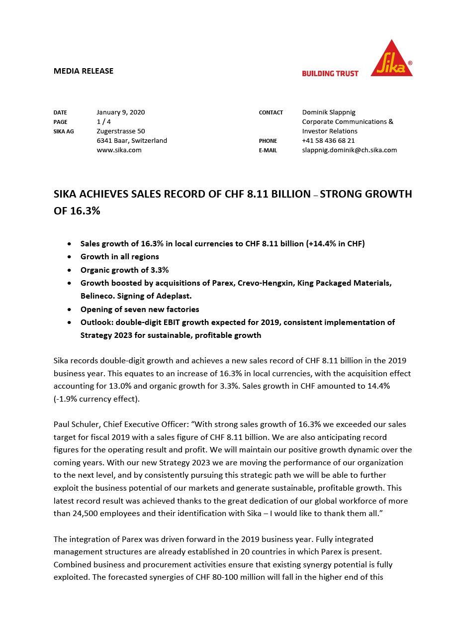 Sika Achieves Sales Record of CHF 8.11 Billion – Strong Growth of 16.3%